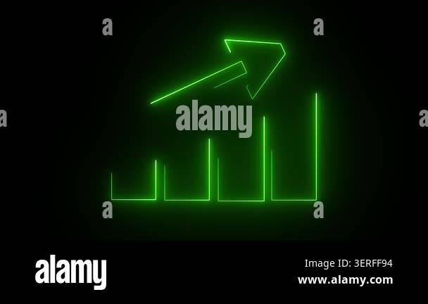 Neon green business growth chart animation with upward arrow on black ...