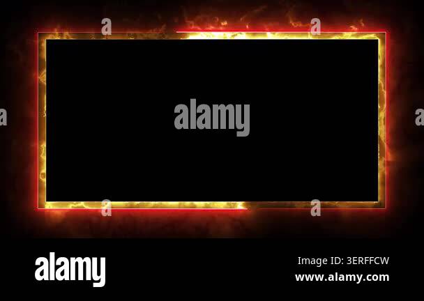 Fiery neon frame with golden glow and red energy animation on dark ...
