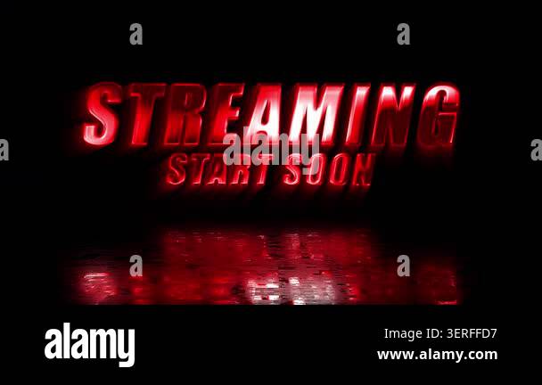 Neon streaming start soon text in red color with reflection on black ...
