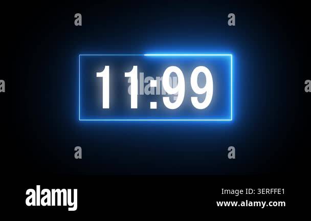 Futuristic neon digital countdown timer with blue glow on black ...