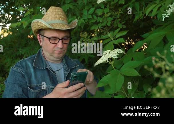 Man in a straw hat inspects a flowering plant while holding a ...