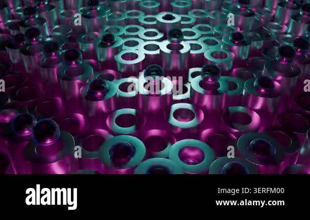 Dense abstract metallic circles and glossy dark spheres fill the frame ...
