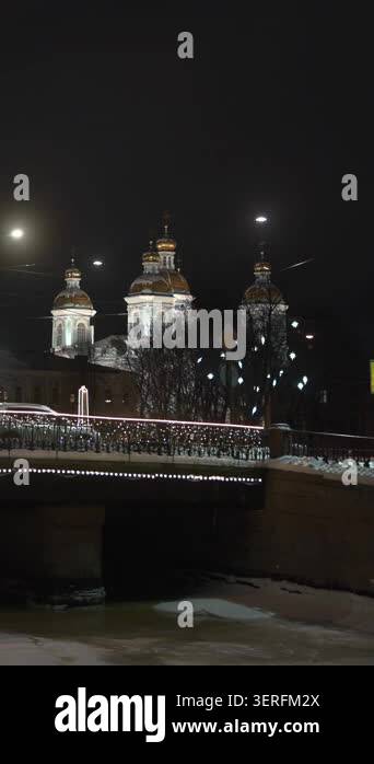 Cathedral Domes And Lit Bridge, Snowcovered Banks And Twinkling String ...