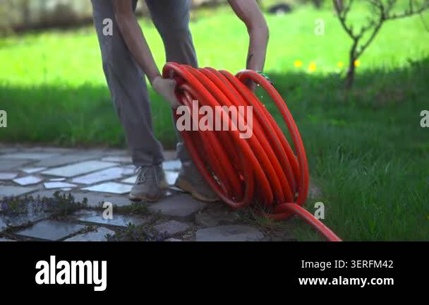 A person crouches beside a stone walkway in a green garden while ...