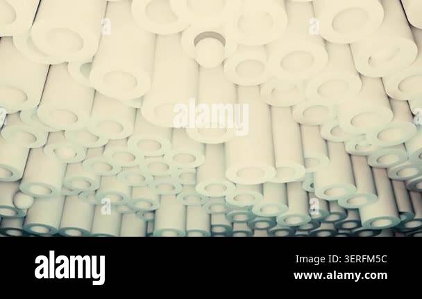 Low angle view of a dense overhead arrangement of white cylindrical ...