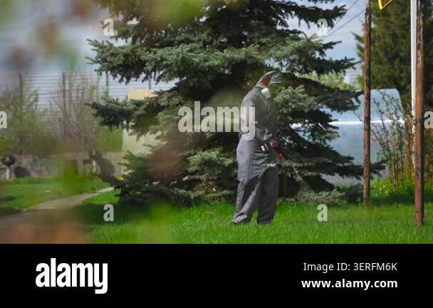 A male worker wearing protective clothing uses a string trimmer to cut ...