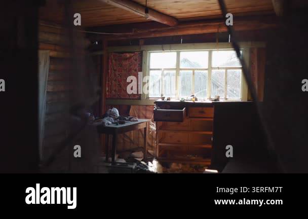 Sunlit Rustic Cabin Interior With Window, Old Wooden Chest Beside ...