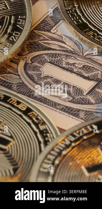 Bitcoin coins on dollar banknote macro financial concept, closeup of ...