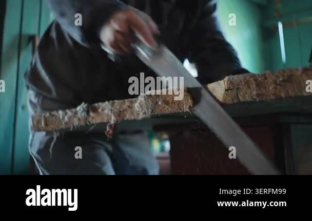White Carpenter Sawing Wooden Plank In Workshop, Hands Operating Blade ...