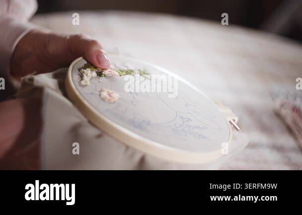 Closeup Hands Embroidering Rabbit Outline Linen, Soft Natural Light ...