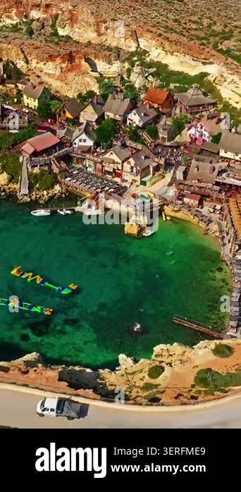 Aerial view of Popeye Village Malta. A theme park for tourists, built ...
