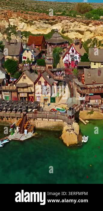 Aerial view of Popeye Village Malta. A theme park for tourists, built ...