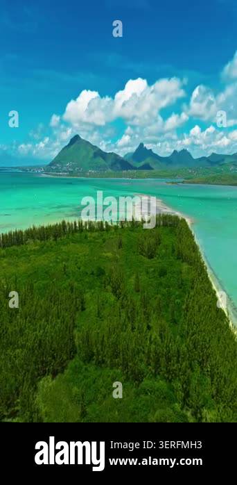 Aerial view of crystal water on the seashore, Mauritius with palm trees ...