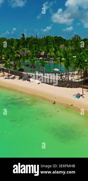 Aerial view of crystal water on the seashore, Mauritius with palm trees ...