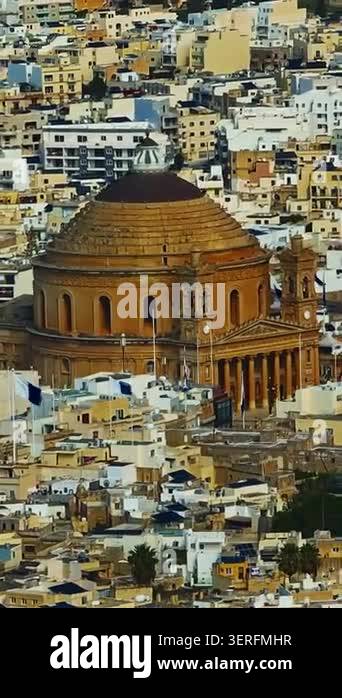 Aerial view of Mosta Church, famous remarkable wartime miracle ...