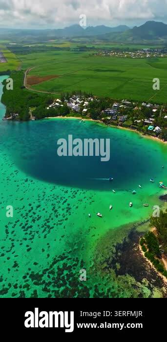 Aerial view of stunning lagoon with crystal clear water and depth ...