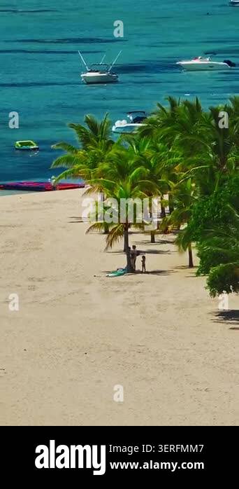 Aerial view of crystal water on the seashore, Mauritius with palm trees ...
