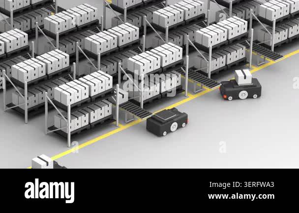 AGV with boxes delivers them to the conveyor belt, which then transfers ...