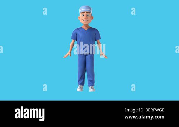 Animated cartoon man in blue scrubs and cap waving hello against a ...