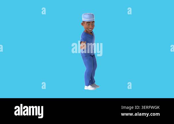 Animated cartoon man wearing blue scrubs and cap, standing and ...