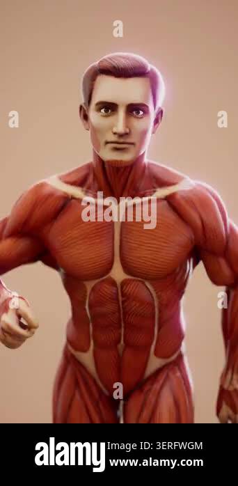 Vertical video showing animated male anatomy model running, showing ...