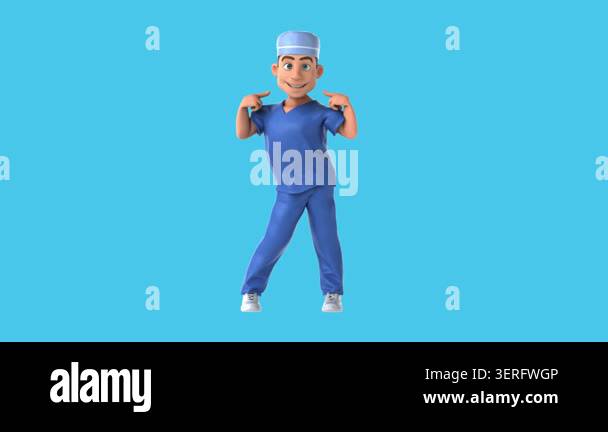Cartoon doctor in blue scrubs and cap pointing to himself with a ...