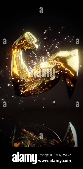 Vertical video showing golden muscular arm flexing with sparkling ...