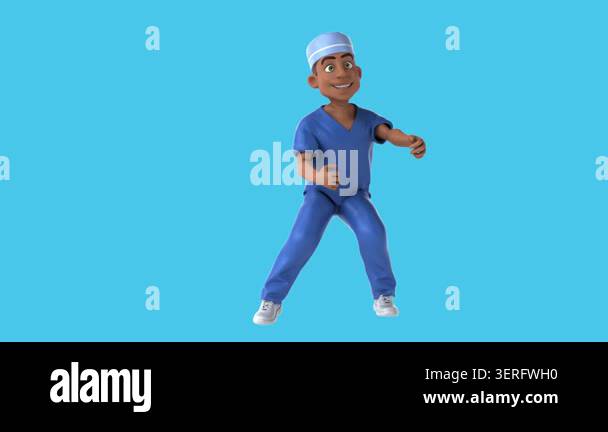 Animated cartoon man doctor in blue scrubs and cap doing exercise with ...
