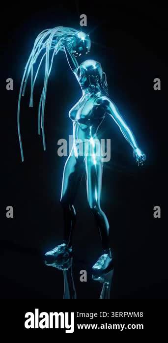 Chrome woman lifting kettlebell with glowing blue light and lens flares ...