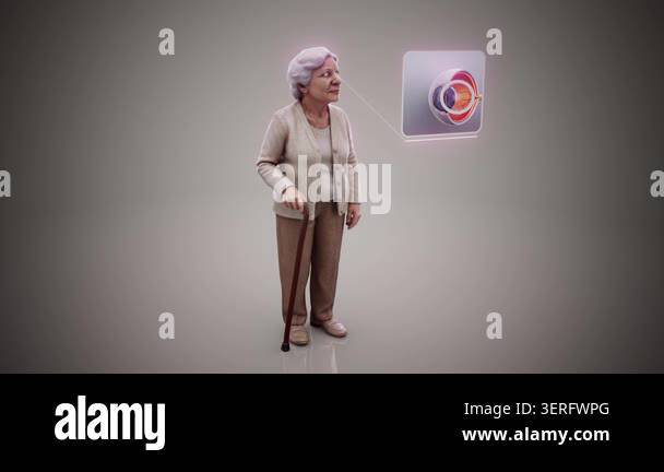Elderly woman with cane looking at holographic eye diagram, medical ...