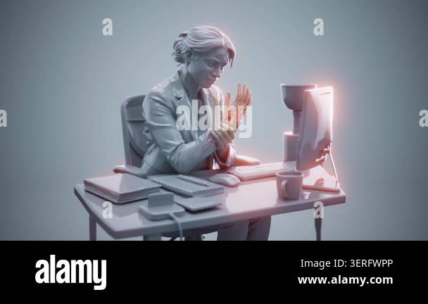 Woman experiencing wrist pain while working at a computer, with glowing ...