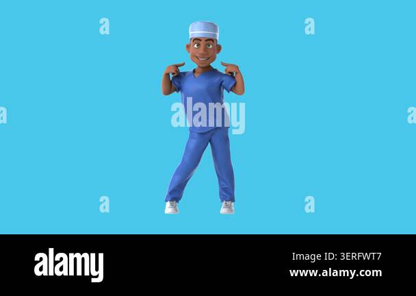 Animated male doctor in blue scrubs and cap pointing to himself with a ...
