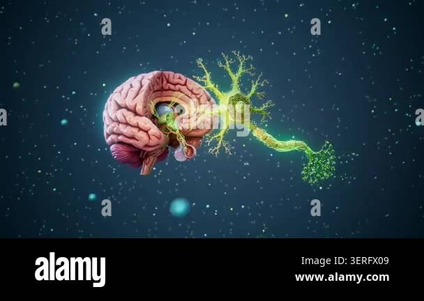 Animated 3D model of human brain and neuron connection, showing neural ...