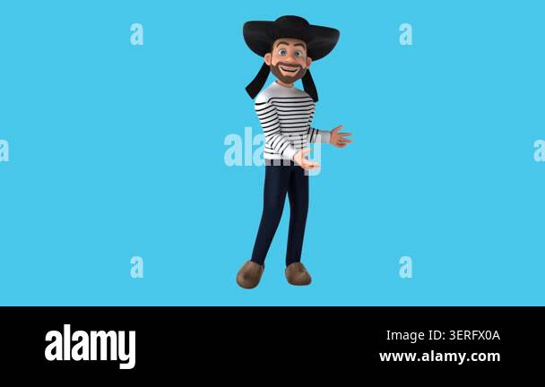 Animated cartoon man wearing a striped shirt and hat, walking and ...