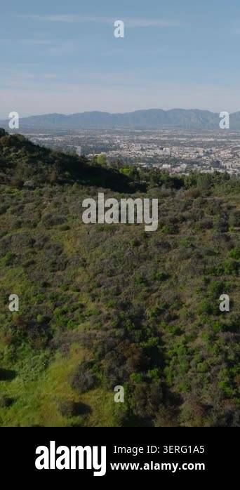 Fly over ridge with green vegetation. Revealing houses in residential ...