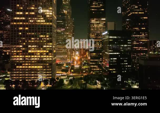 Los Angeles city lights. Los Angeles skyscrapers at night. Night aerial ...