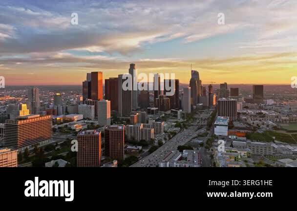 Aerial view of downtown LA. Sunset over Los Angeles cityscape. Los ...