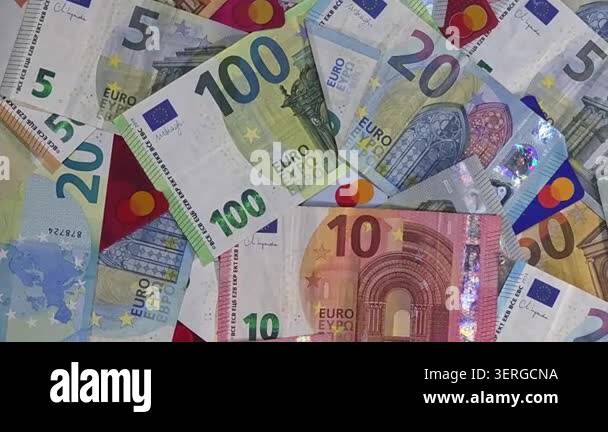 May 28, 2026, Toluca, Mexico. Slow close-up pan shot of a euro banknote ...