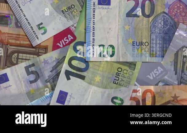 May 28, 2026, Toluca, Mexico, close-up pan shot of stacked euro ...