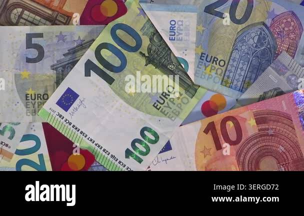May 28, 2026, Toluca, Mexico, close-up pan shot of stacked euro ...