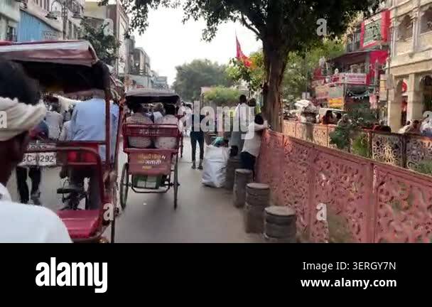 Delhi Chandni Chownk rush hour view from man pulling hand rikshwa Stock ...