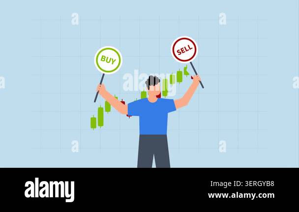 Buy or sell in stock market, 4k animation of Businessman holding buy or ...