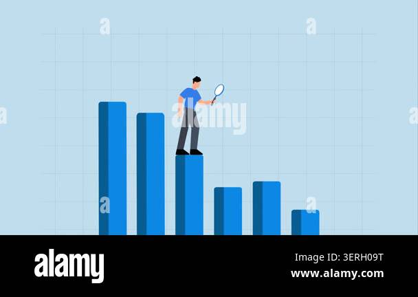 Business decline, 4k animation of Businessman examines decreasing bar ...