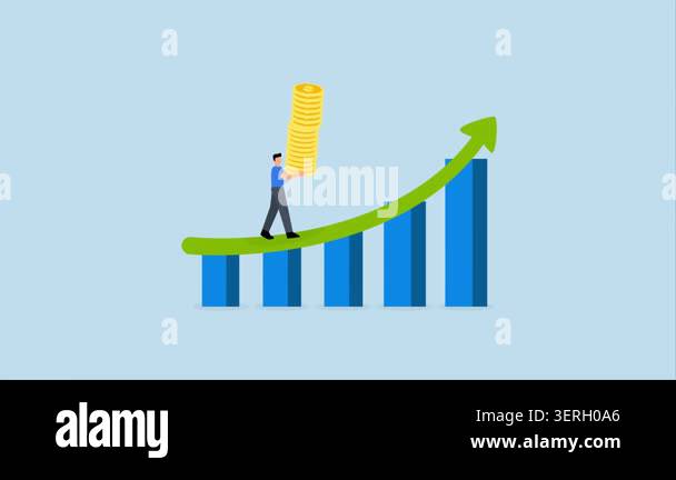 Increase revenue, 4k animation of businessman holds coin pile strolls ...