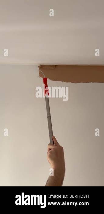 Painter using foam roller on long extension pole to apply warm beige ...