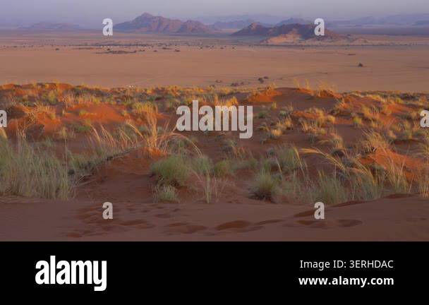 View of Sesriem at sunset from the top of the Elim dune in Namibia in ...