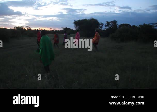 Group of people walking across grassy field at dusk, wearing ...
