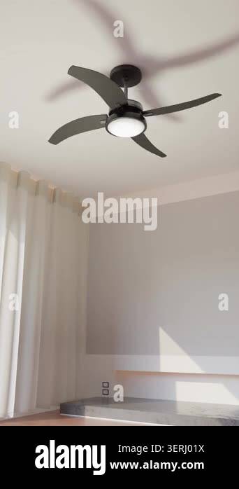 Modern Black Ceiling Fan Rotating in Bright Minimalist Room, Vertical ...