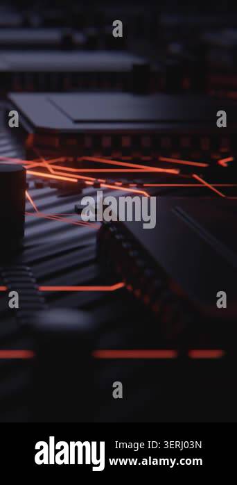 Cinematic fly-through over a modern computer motherboard with glowing ...