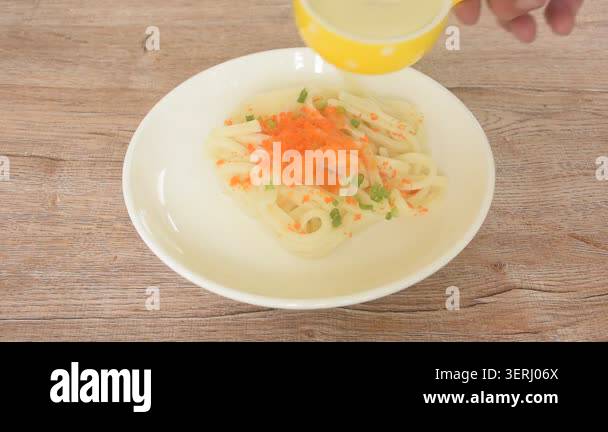 Udon or Japanese rice noodles dressing Ebiko shrimp egg dressing white ...
